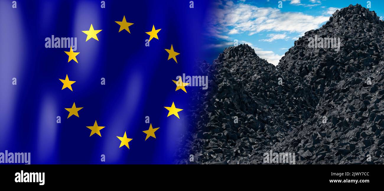 European Union - country flag and pile of coal - 3D illustration Stock ...