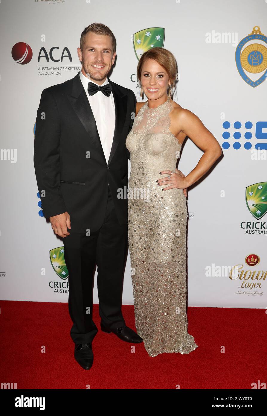 Aaron Finch and partner Amy Griffiths on the red carpet at the 2015 ...