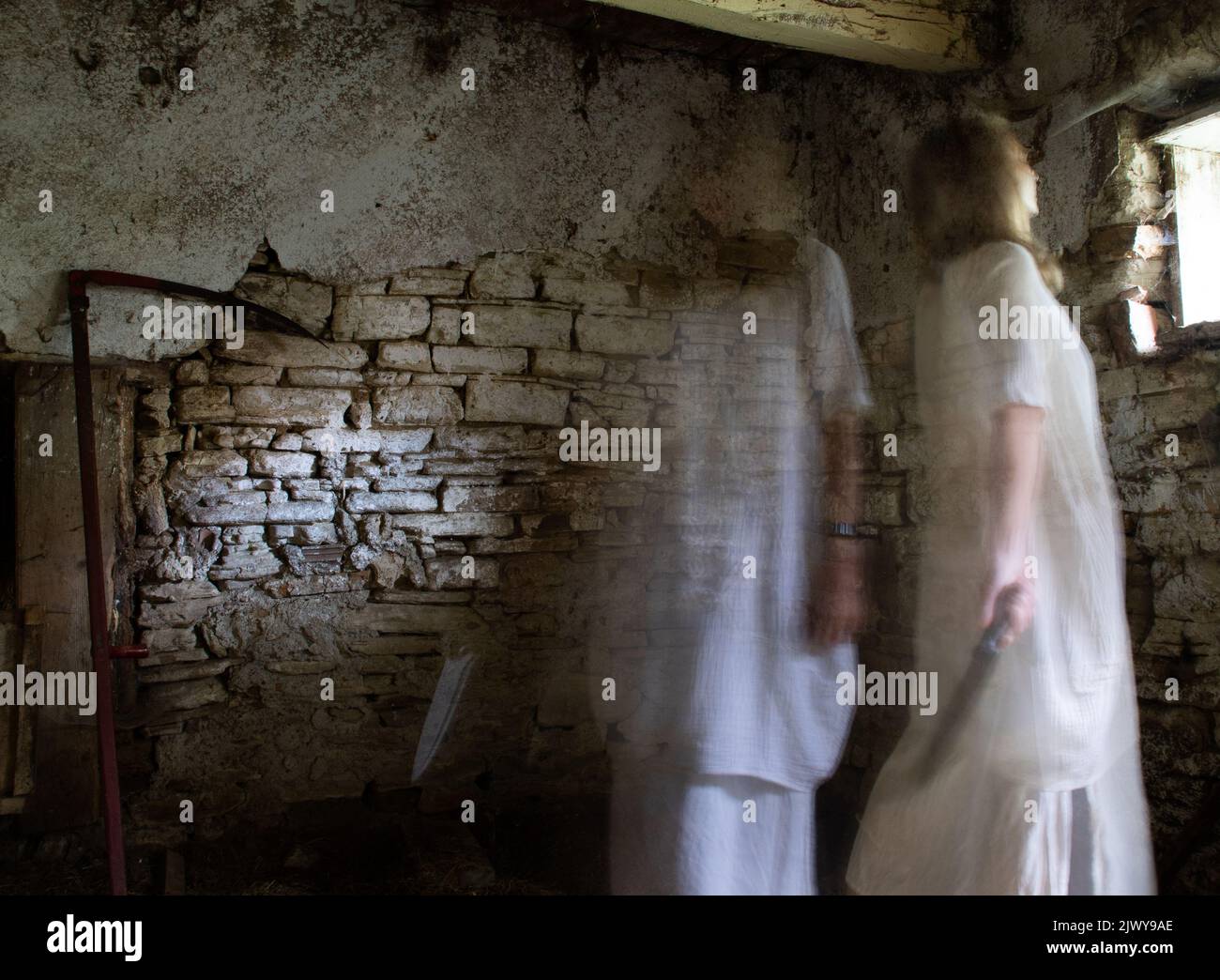 scary ghost in abandoned building at night Halloween background Stock ...