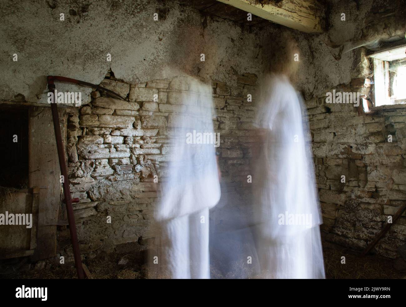 scary ghost in abandoned building at night Halloween background Stock ...