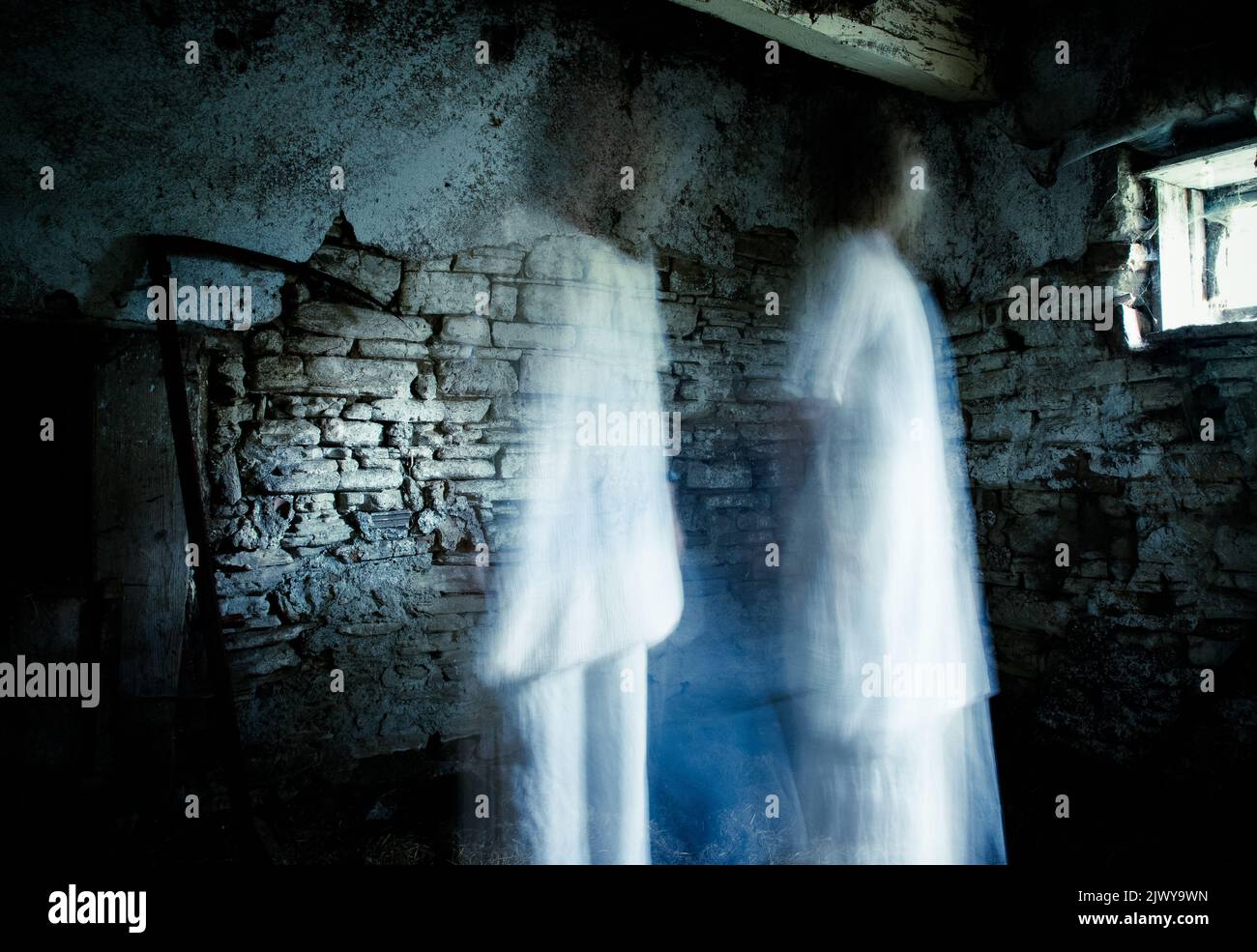 scary ghost in abandoned building at night Halloween background Stock ...