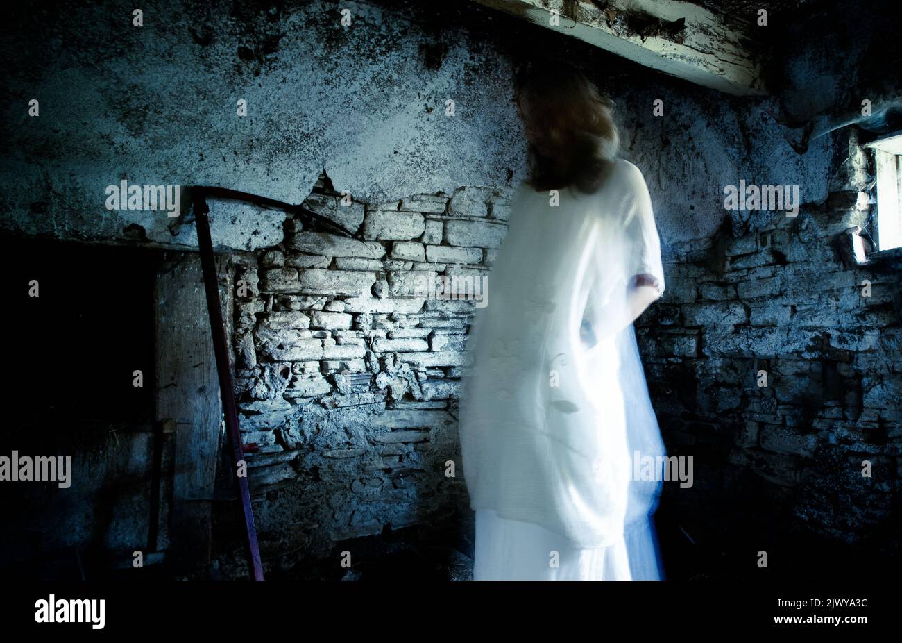 scary ghost in abandoned building at night Halloween background Stock ...