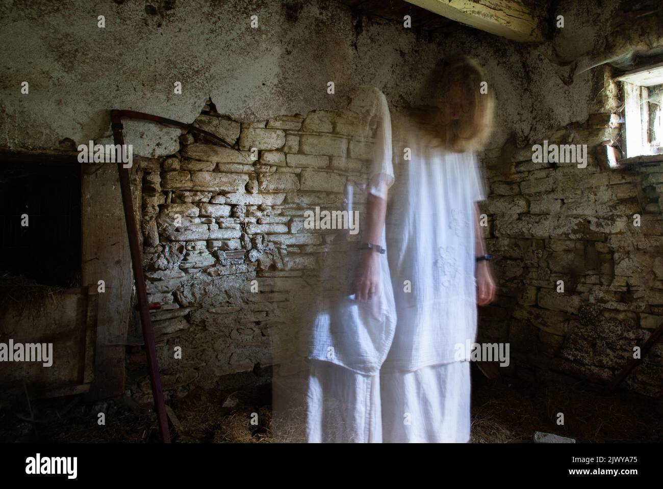 scary ghost in abandoned building at night Halloween background Stock ...