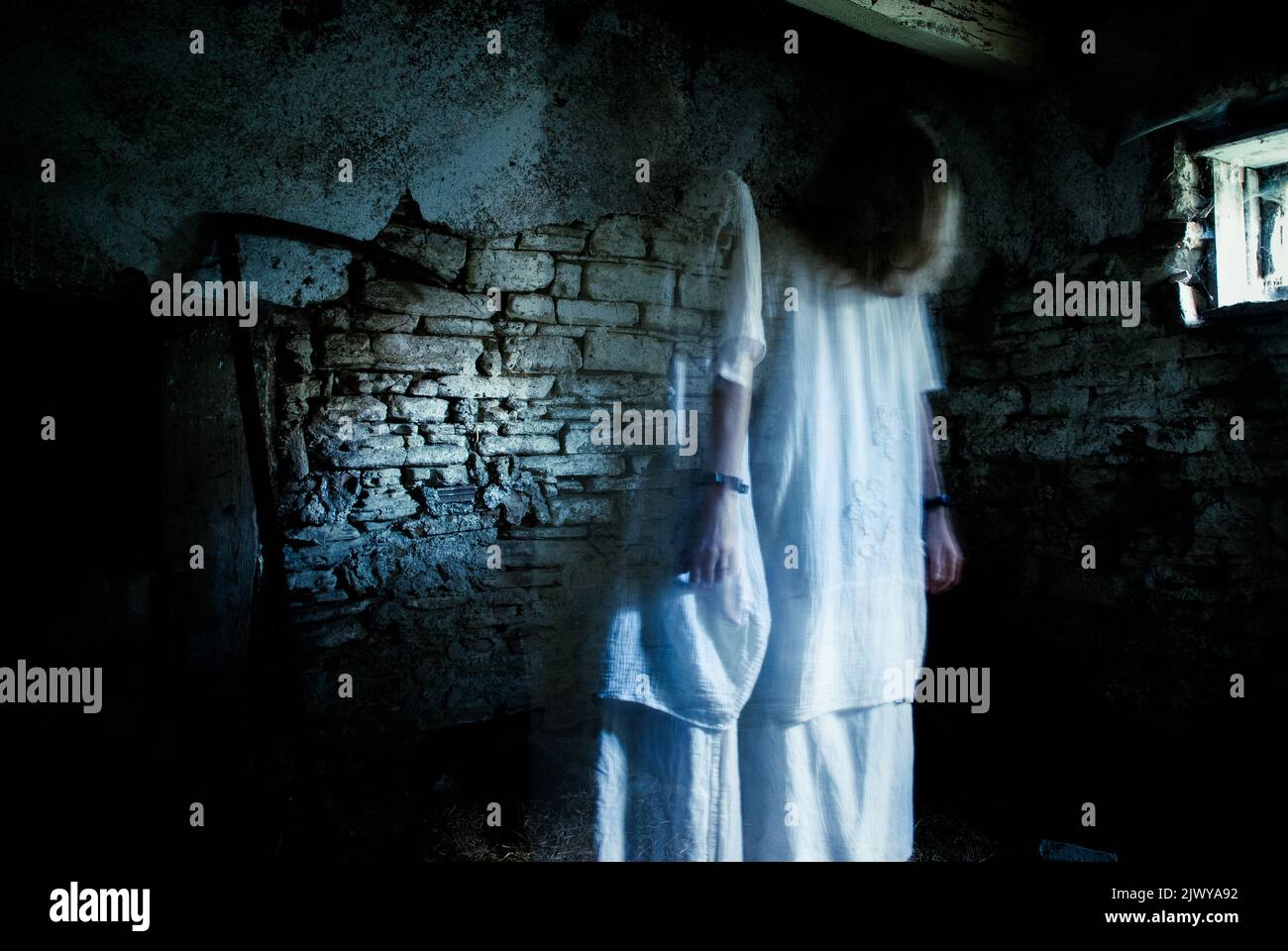 scary ghost in abandoned building at night Halloween background Stock ...