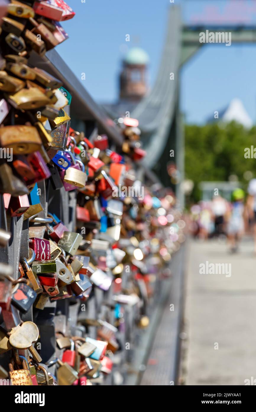 Frankfurt love locks symbol on Eiserner Steg bridge portrait format in ...