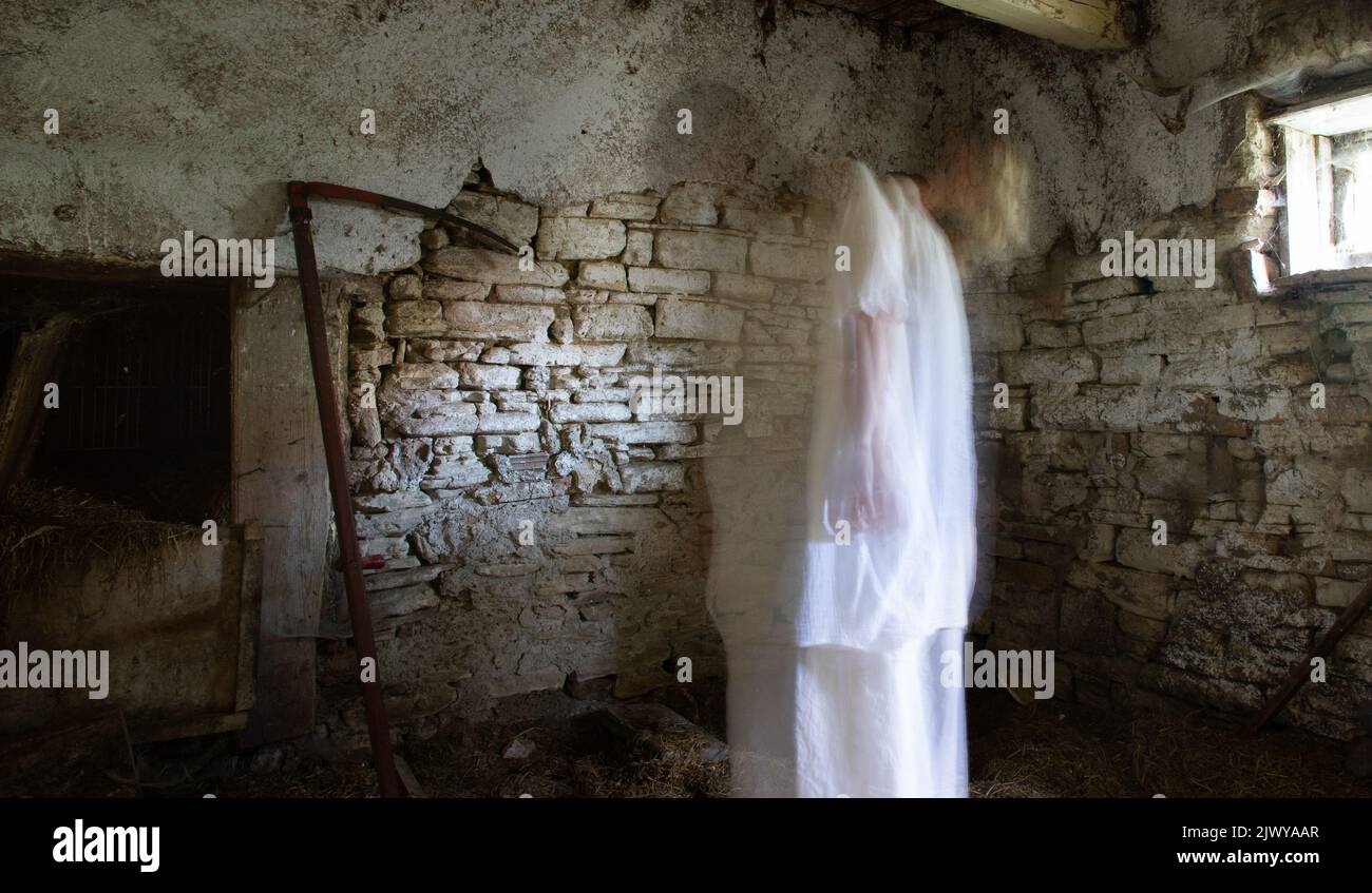 scary ghost in abandoned building at night Halloween background Stock ...