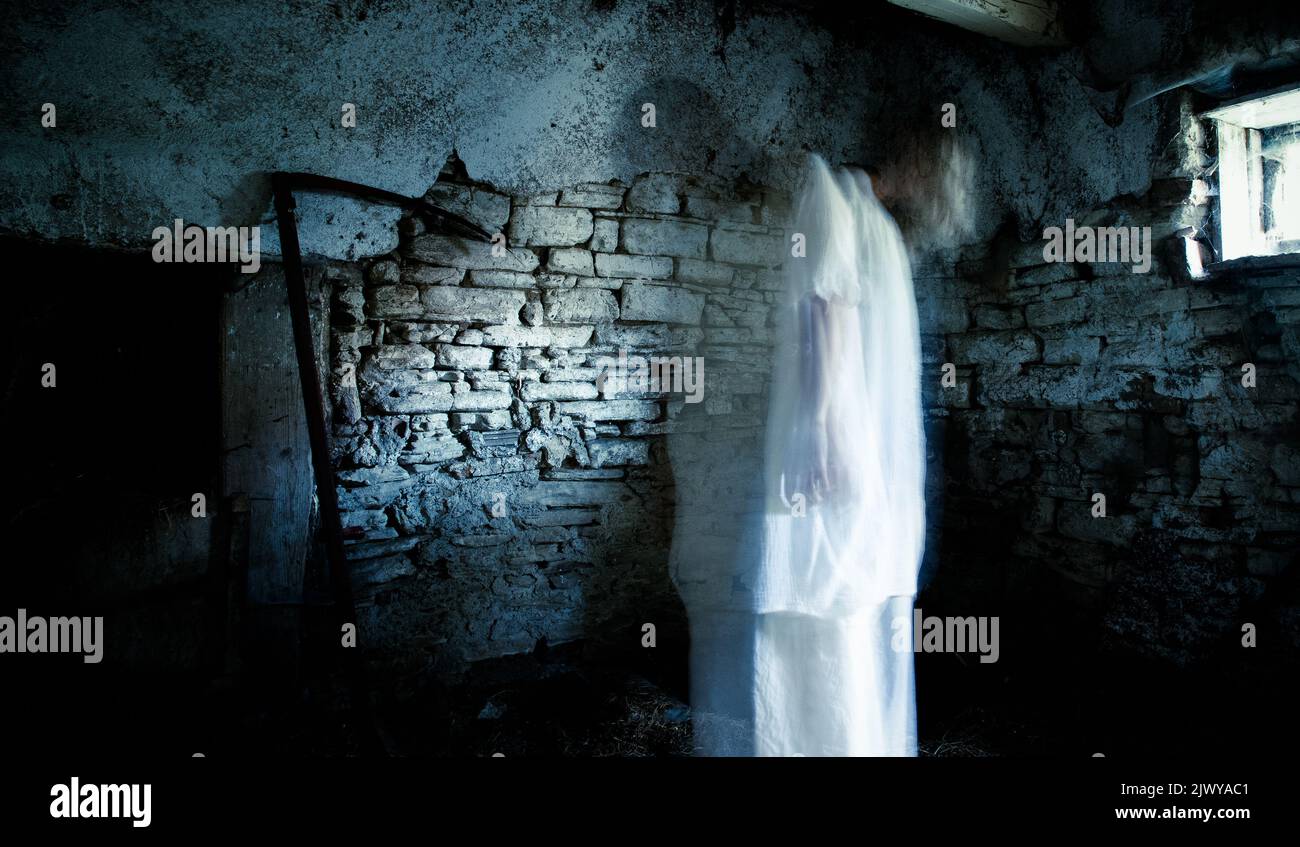 scary ghost in abandoned building at night Halloween background Stock ...