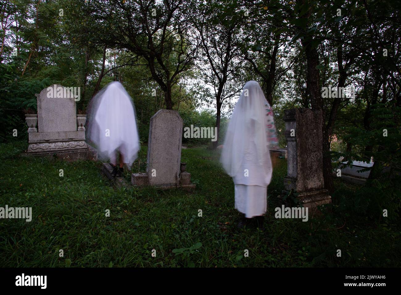 scary ghost in cemetery at night Halloween background Stock Photo - Alamy