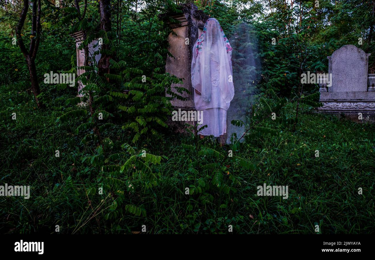 scary ghost in cemetery at night Halloween background Stock Photo - Alamy