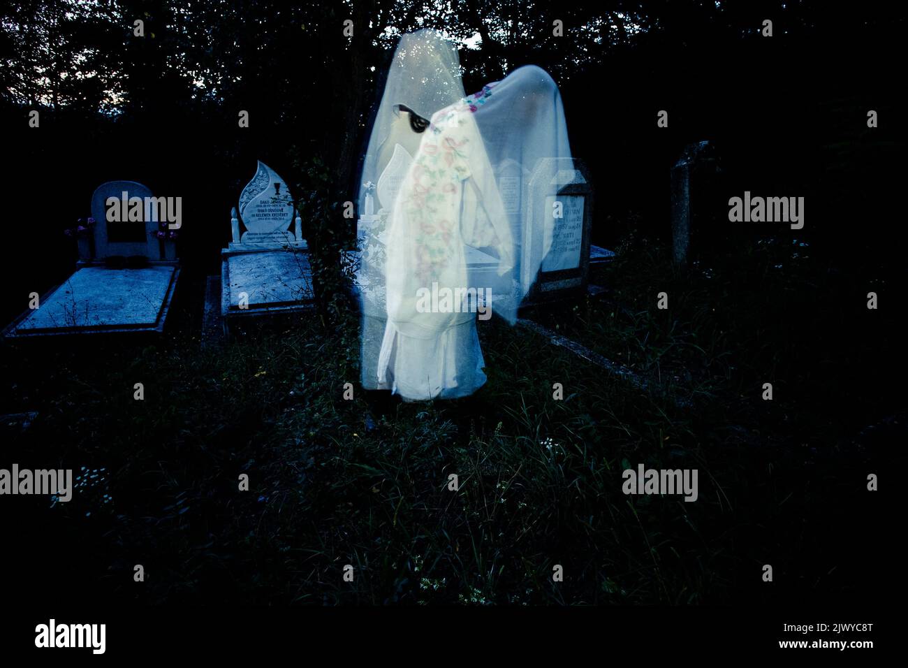 scary ghost in cemetery at night Halloween background Stock Photo - Alamy