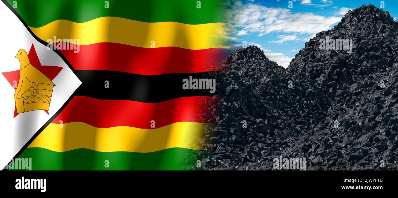 Zimbabwe - country flag and pile of coal - 3D illustration Stock Photo ...