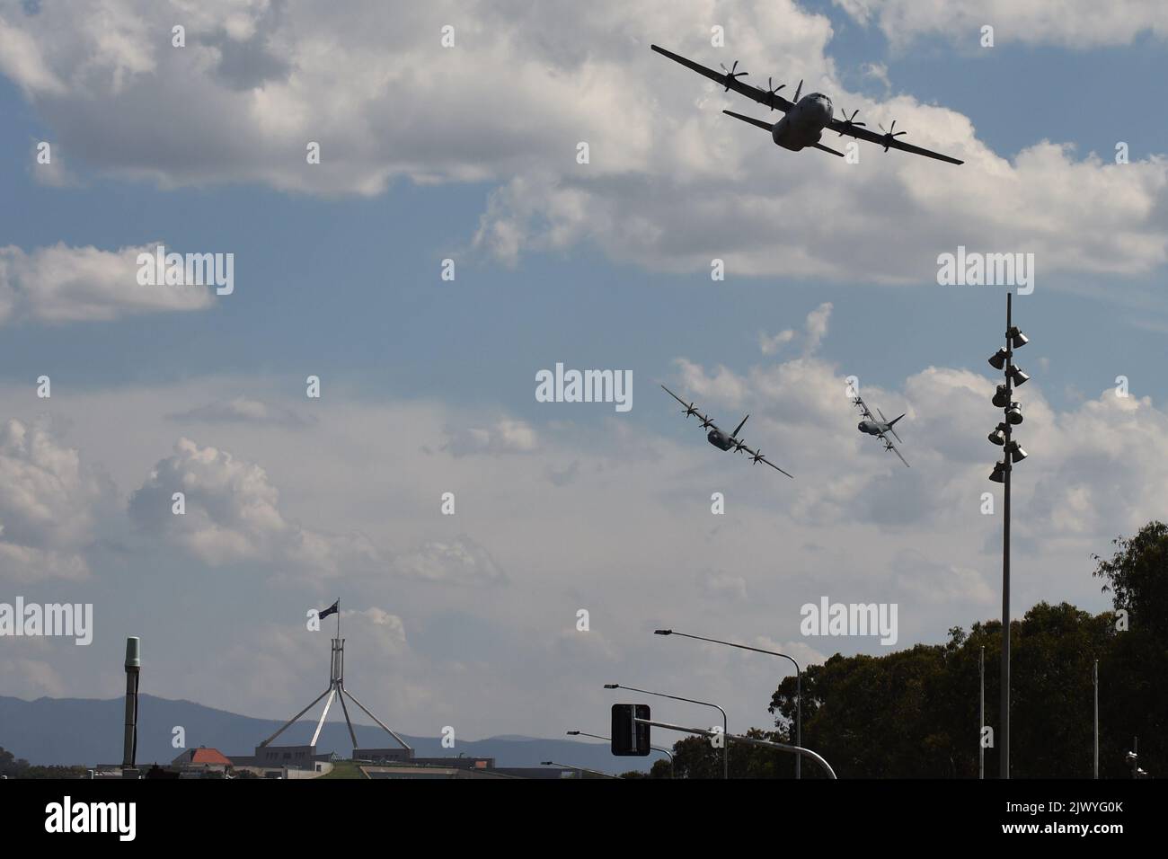 C-130J Hercules transport aircraft conduct a flyover, ahead of the ...