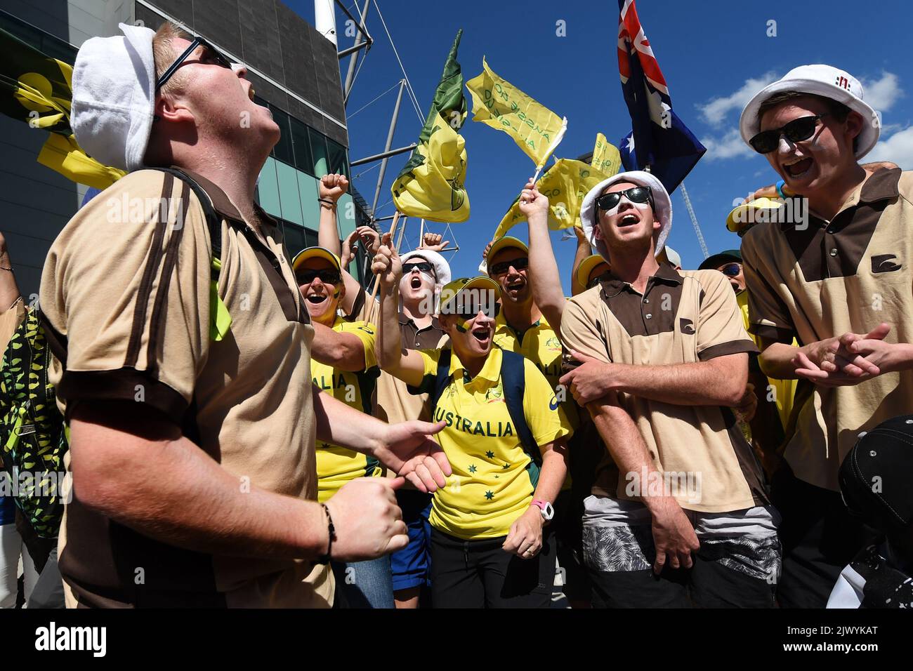 Cricket fans of New Zealand and Australia cheers outside the stadium ...