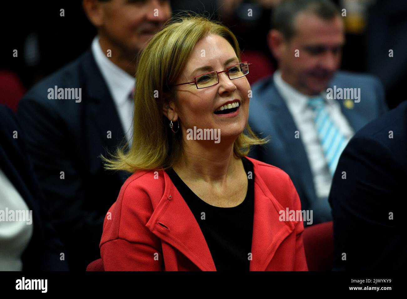 Gabrielle Upton looks on prior to the NSW Permier Mike Baird addressing ...