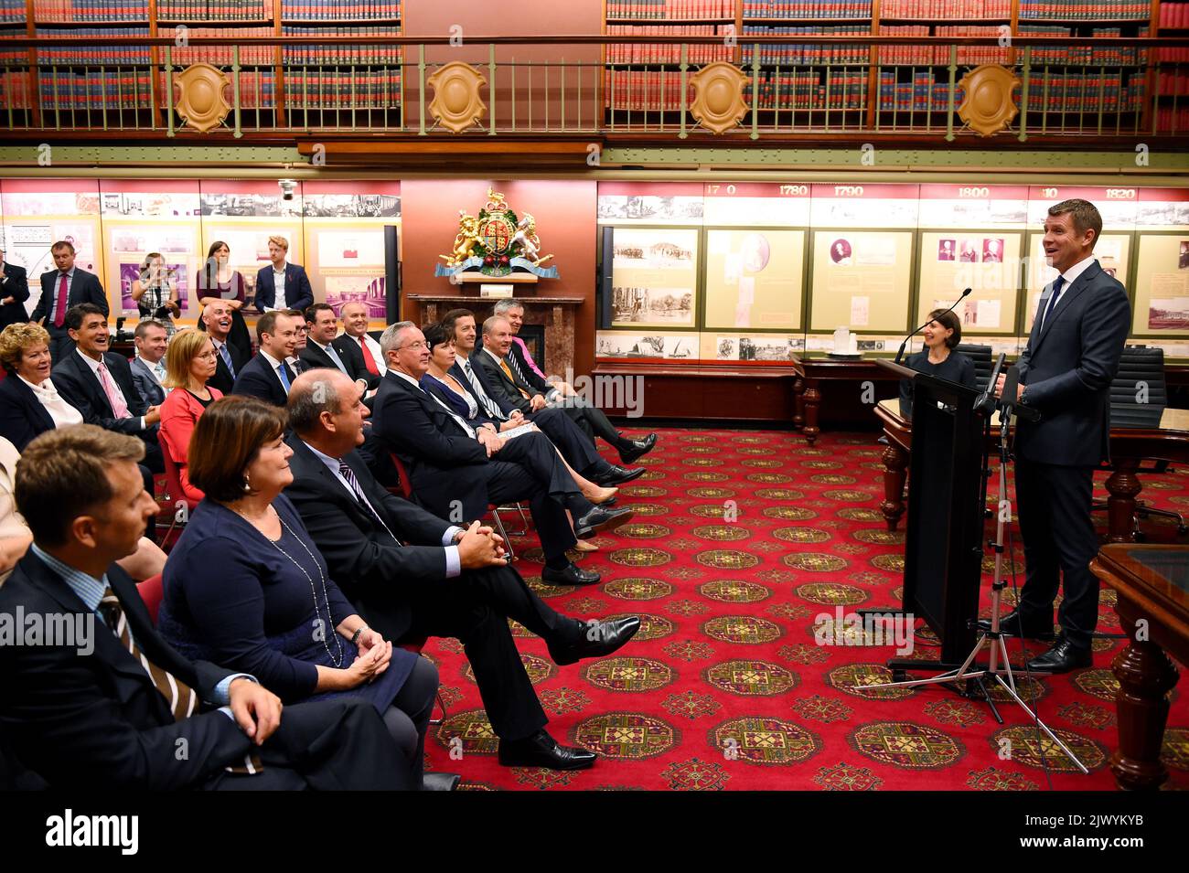 NSW Premier Mike Baird addresses the NSW Liberal's first party room ...