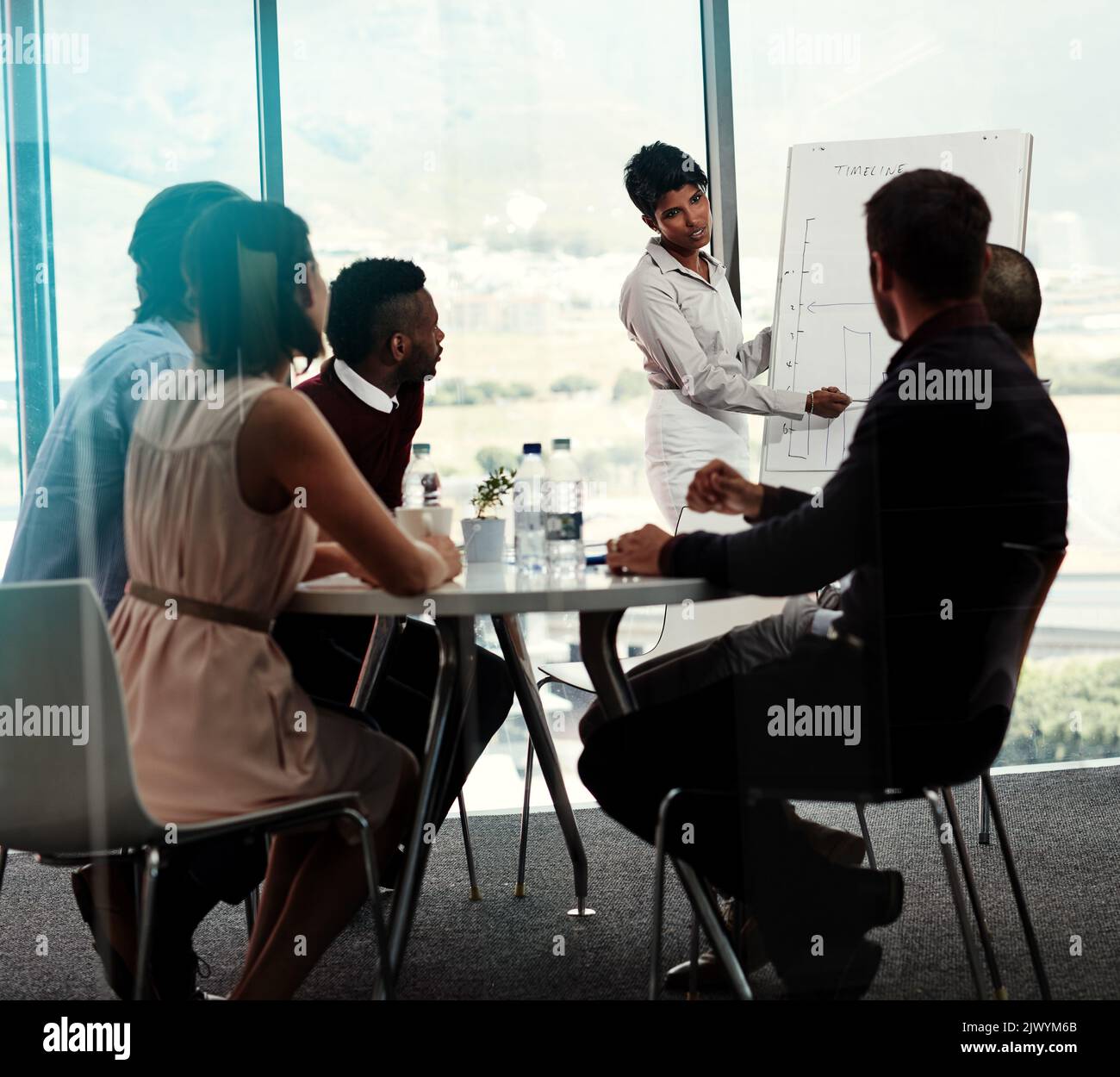 Weve gotta pick it up. a businesswoman giving a whiteboard presentation ...