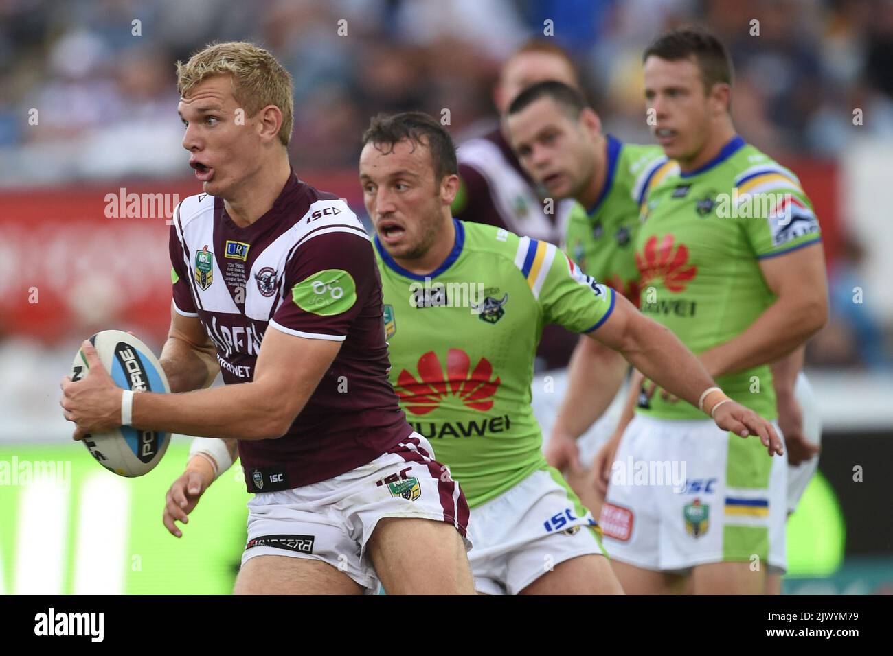 Manly's Jake Trbojevic runs with the ball as the Sea Eagles play the ...
