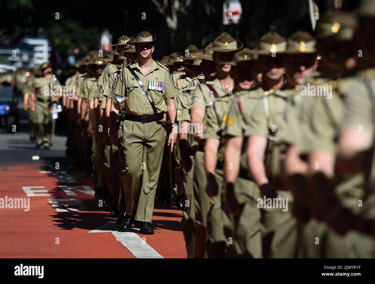 Australian Army soldiers march during an ANZAC Day parade in Brisbane ...