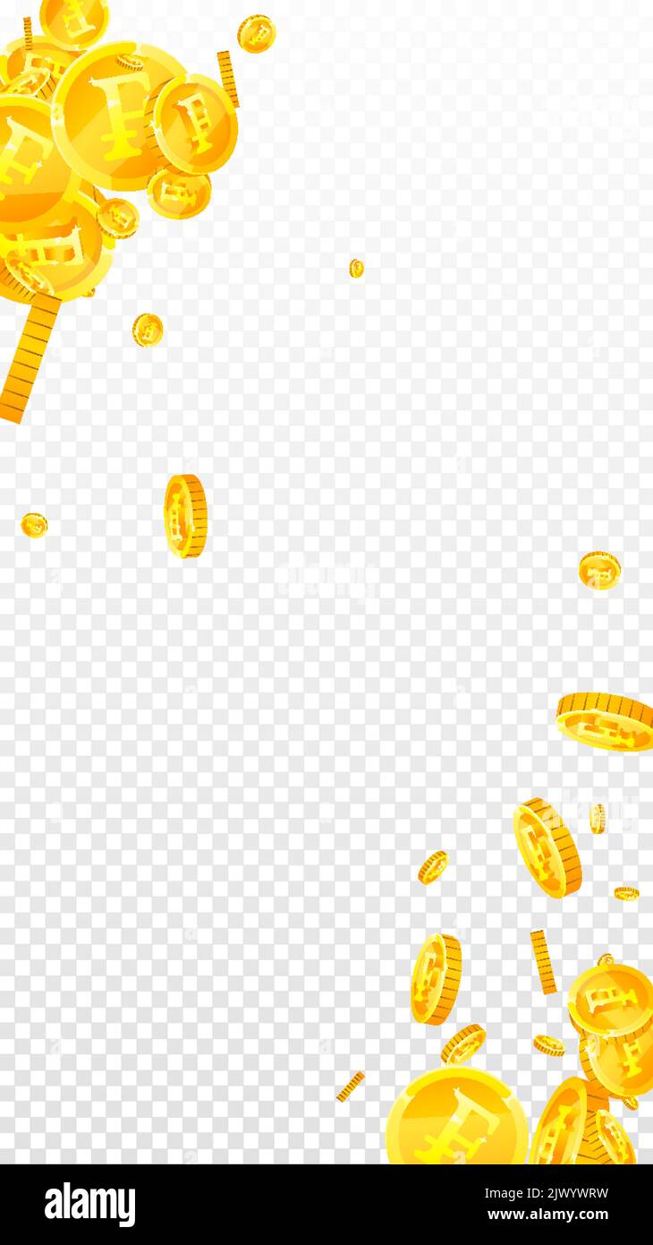 Swiss franc coins falling. Gold scattered CHF coins. Switzerland money ...