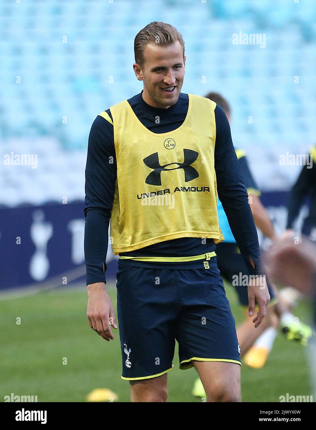 Tottenham Hotspur's Harry Kane laughs during a team training session ...