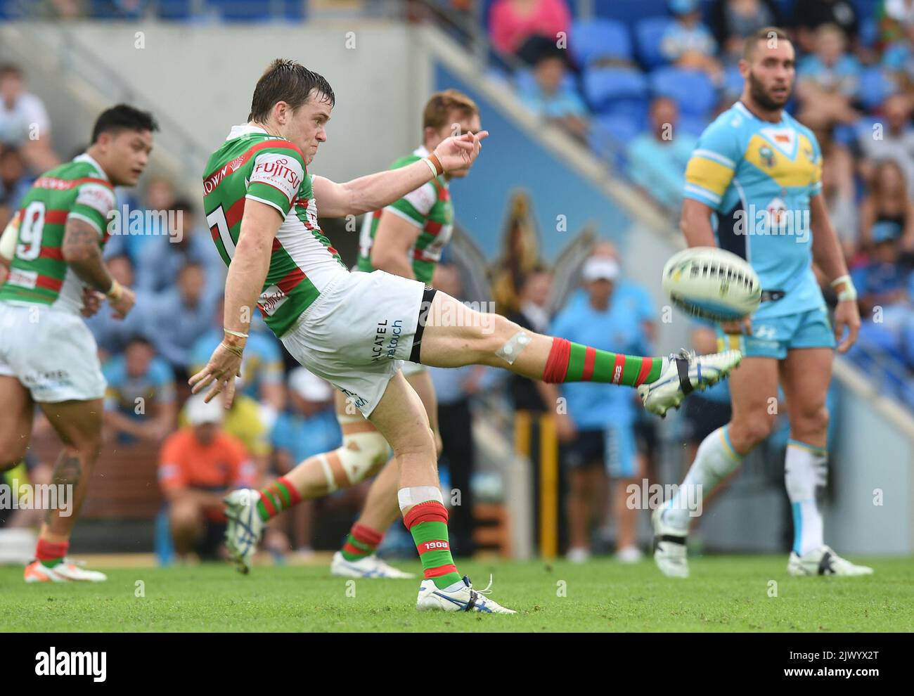 Rabbitohs player Luke Keary kicks during the round 11 NRL match between ...