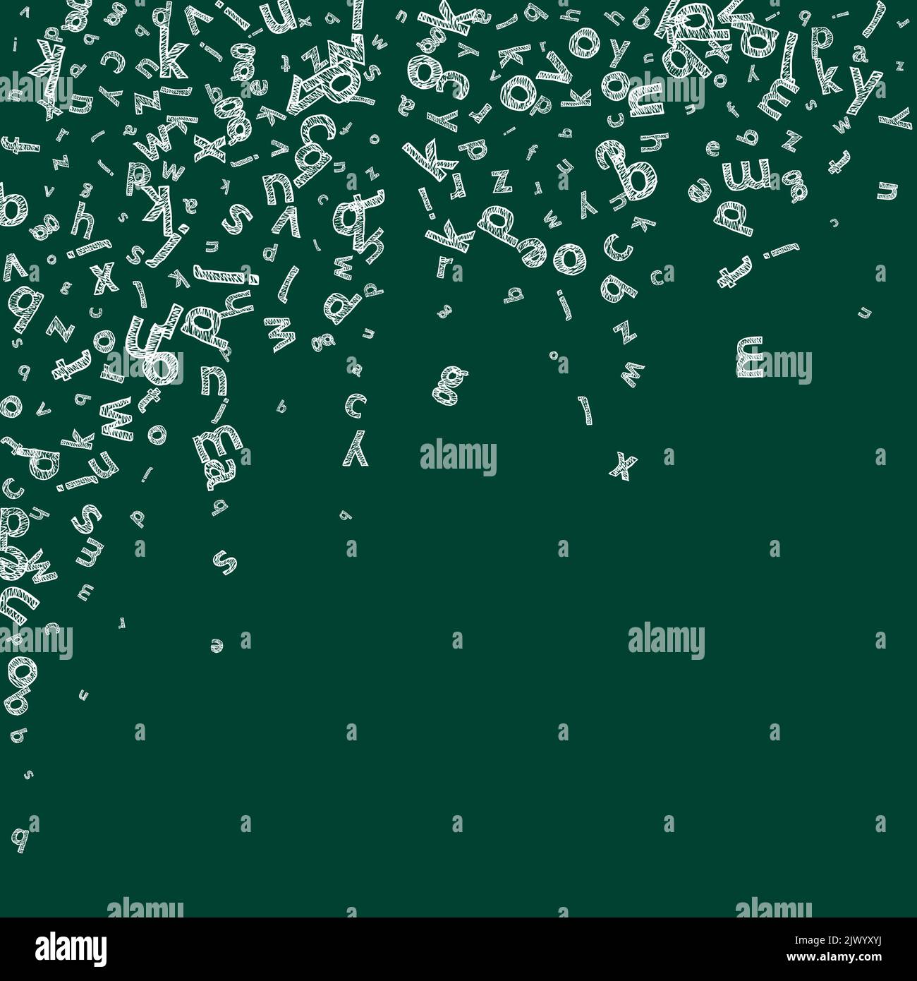 Falling letters of English language. Sketch chalk flying words of Latin ...