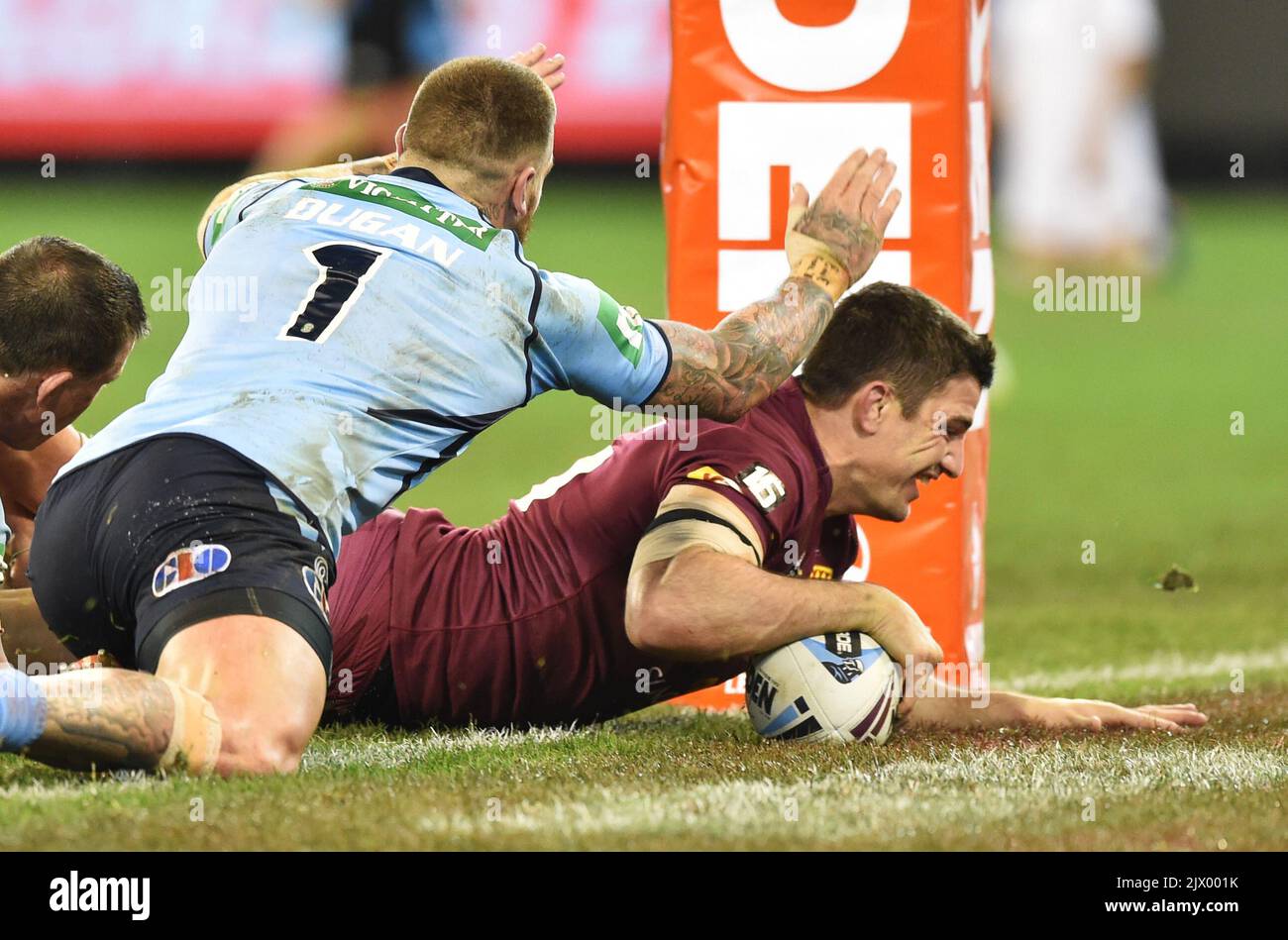 Matthew Gillett of the Maroons scores a try during State of Origin Game ...