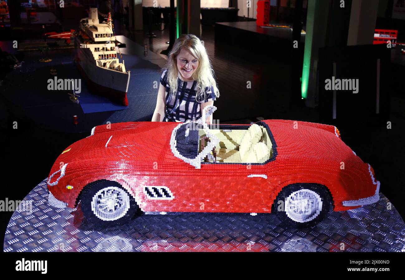 Lego enthusiast Lauren Redpath looks on at a model of a Ferrari 250 GT ...