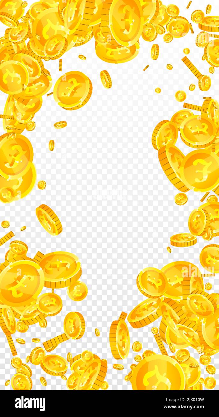 British pound coins falling. Scattered gold GBP coins. United Kingdom ...