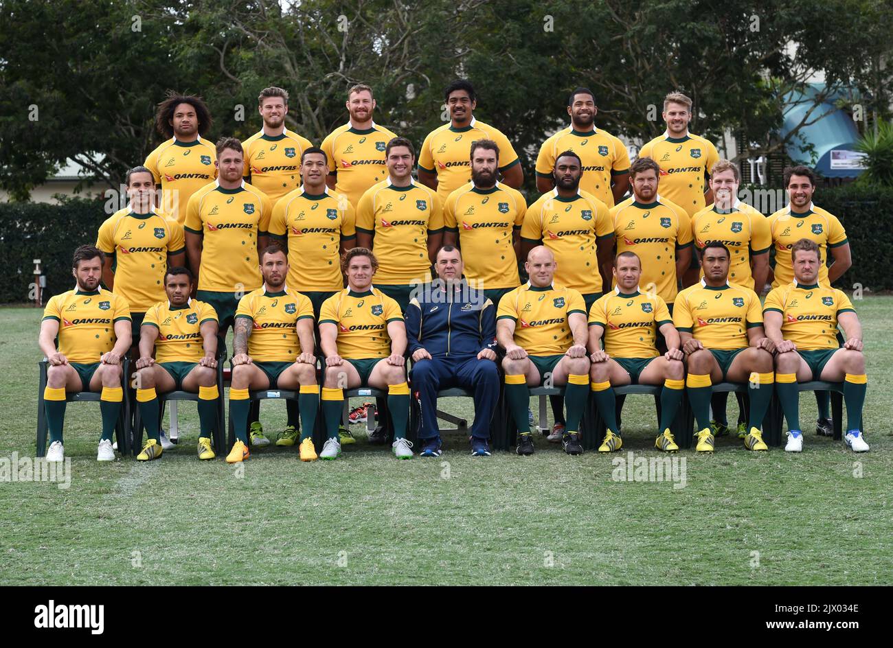 The Australian Wallabies sit for a team photo in Brisbane, Thursday ...