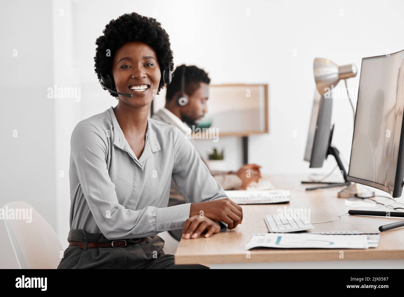 Telemarketing, customer support and business woman in call center ...