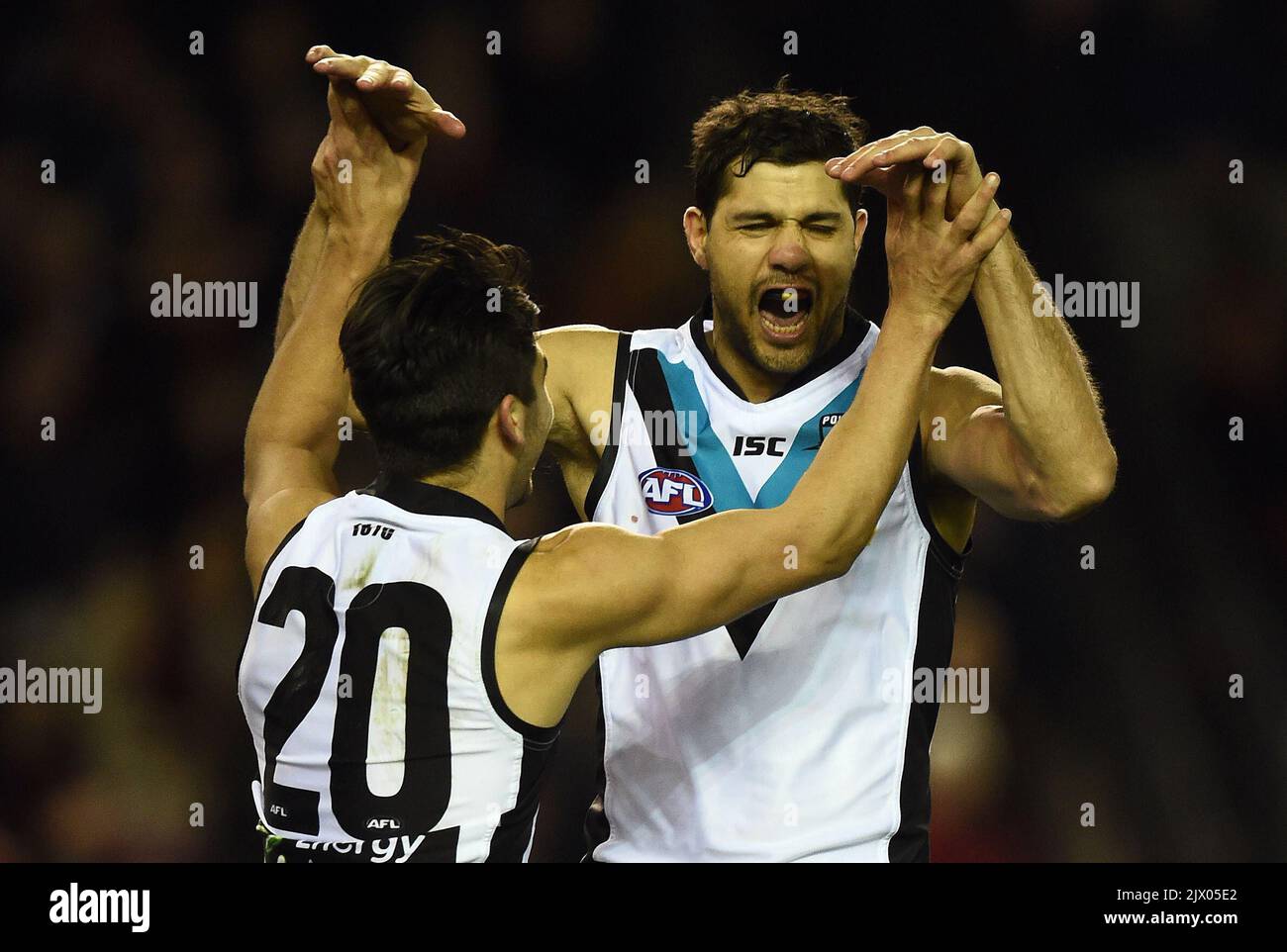 Port Adelaide Power player Patrick Ryder (right) and Chad Wingard react ...