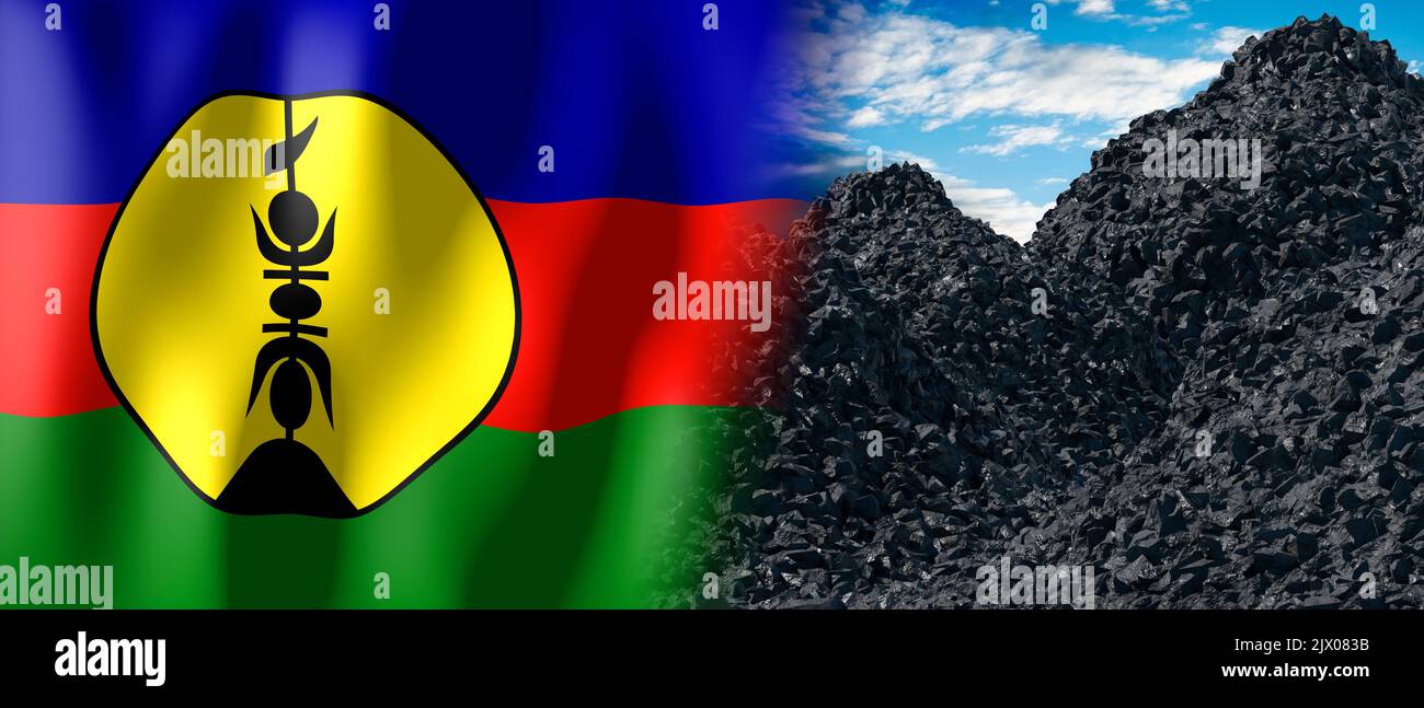 New Caledonia - country flag and pile of coal - 3D illustration Stock ...