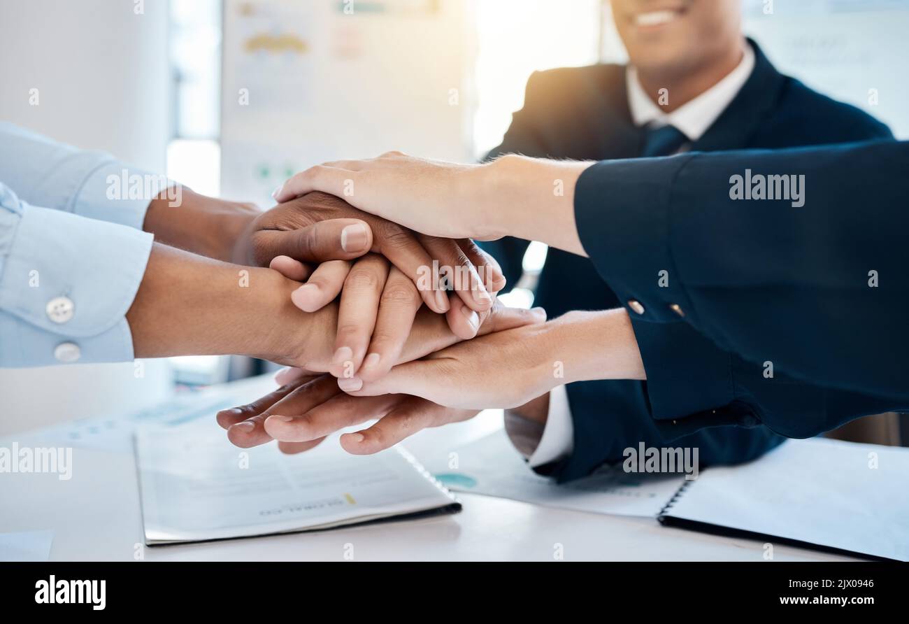 Teamwork, support and victory for business people celebrating a ...