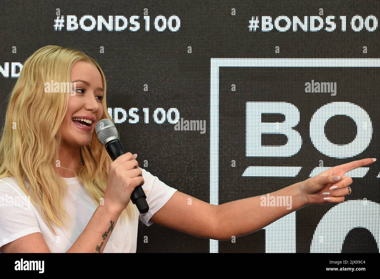 Bonds ambassador, Iggy Azalea, answers a question at the clothing ...