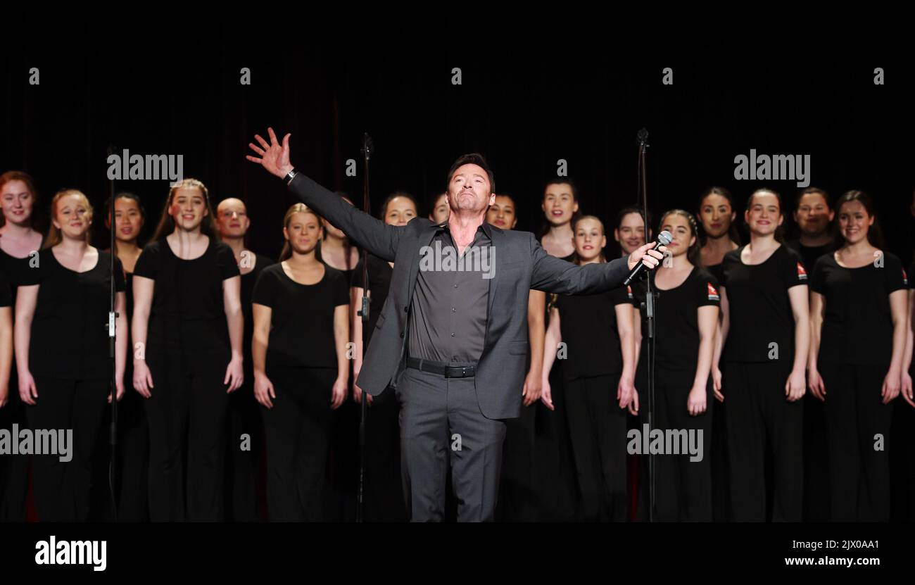 Australian actor Hugh Jackman pictured fronting a media conference with ...