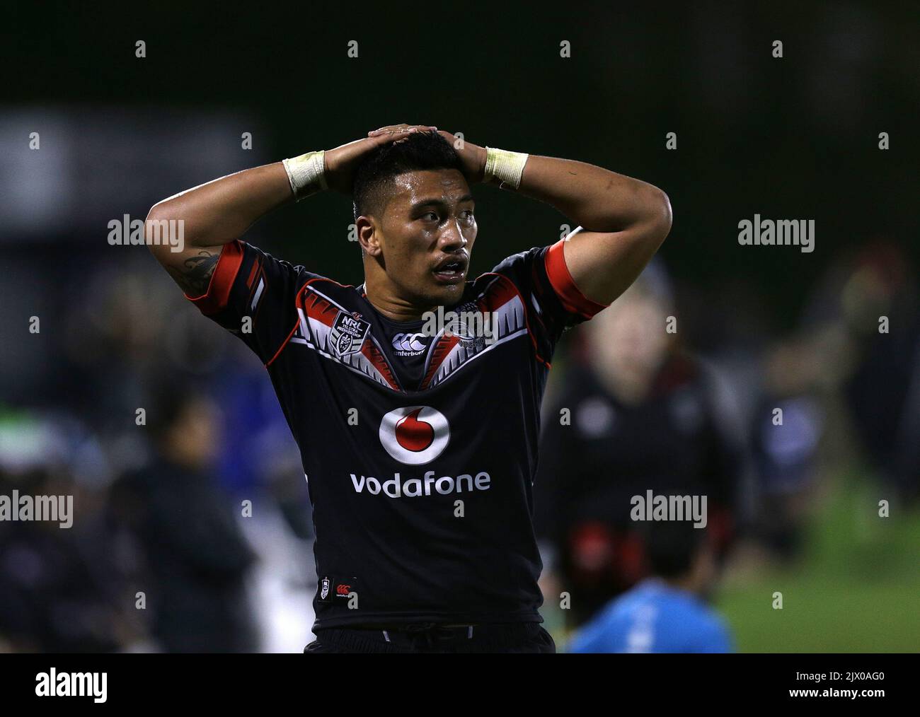 Albert Vete of the New Zealand Warriors shows despair whilst playing ...