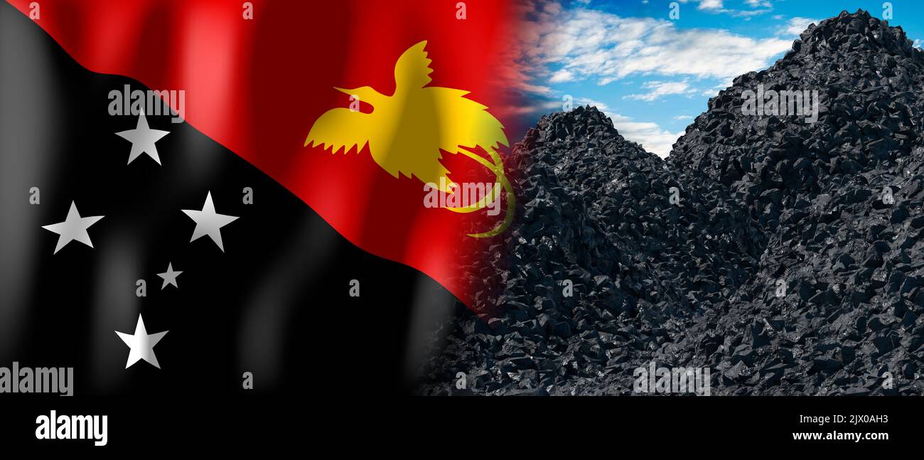 Papua New Guinea - country flag and pile of coal - 3D illustration ...