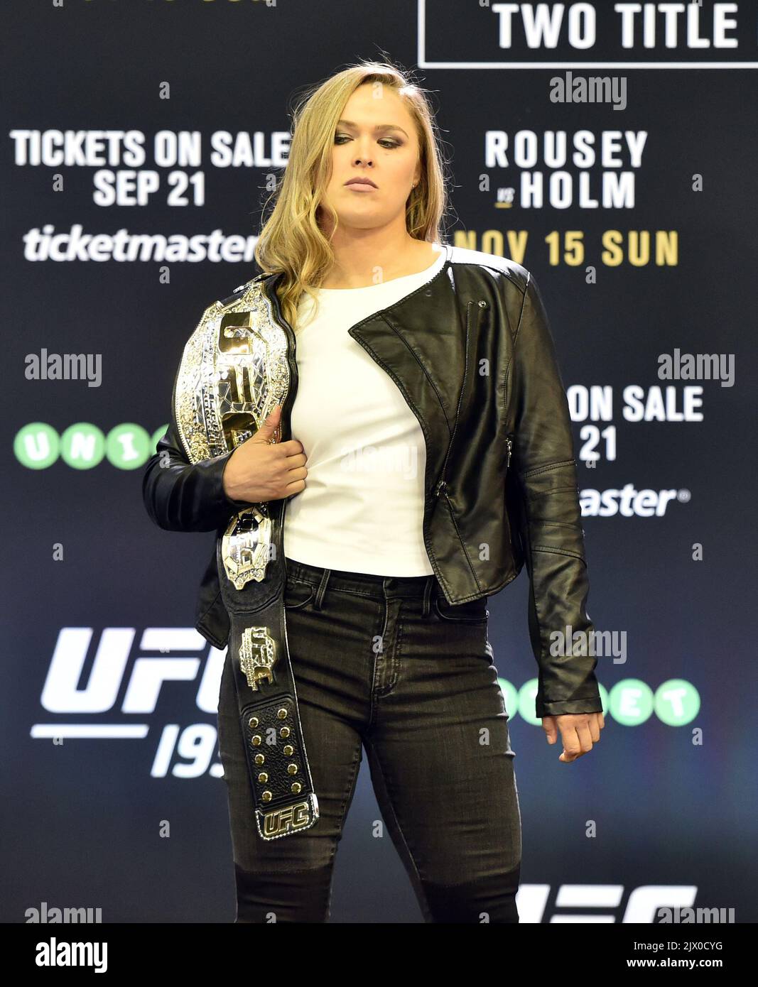 UFC bantamweight champion Rhonda Rousey poses for a photo at the Etihad ...