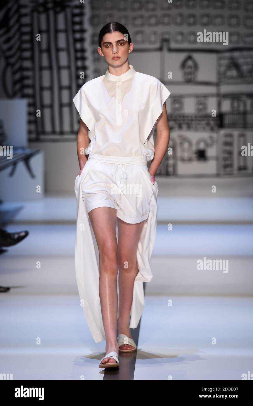 A model walks the runway wearing a design by Gary Bigeni during the ...