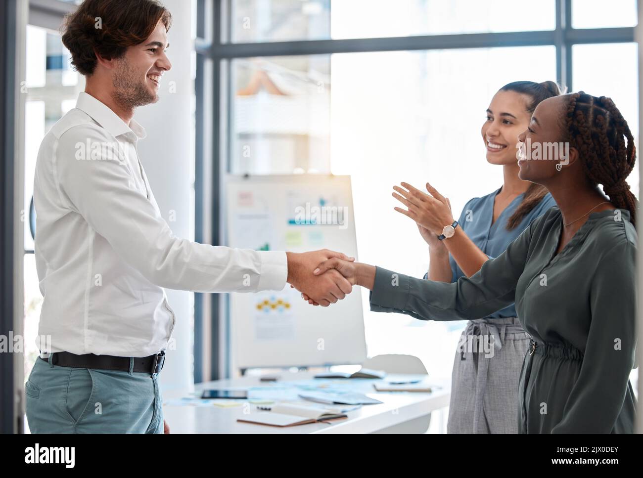 Handshake, welcome and thank you with business people in teamwork, collaboration and ...