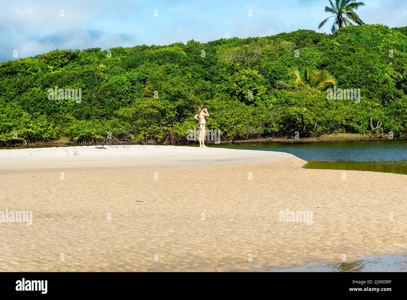 A woman, in a black bikini, is on the sand next to the red water river ...