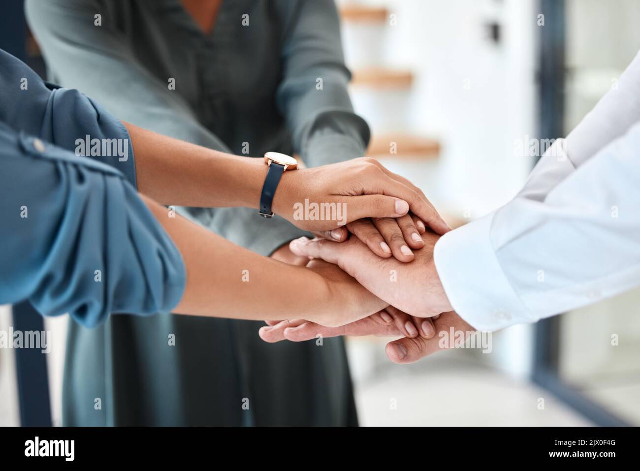 Hands, teamwork and collaboration of employee trust and support at the ...