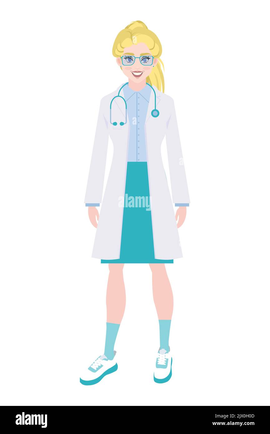 Girl doctor in a medical coat and a stethoscope. Blond woman in nurse ...