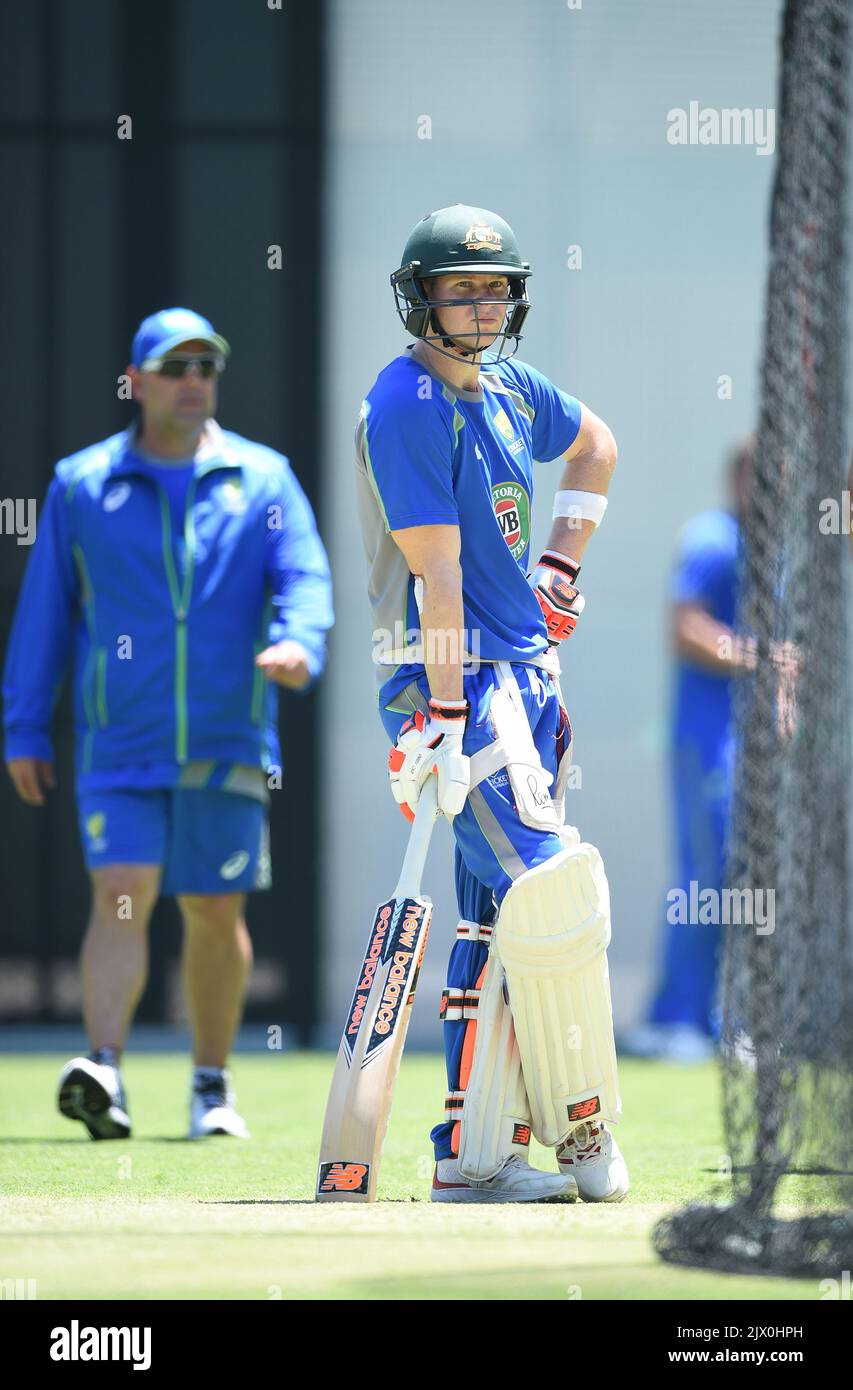 Australian captain Steve Smith looks on during the team training ...
