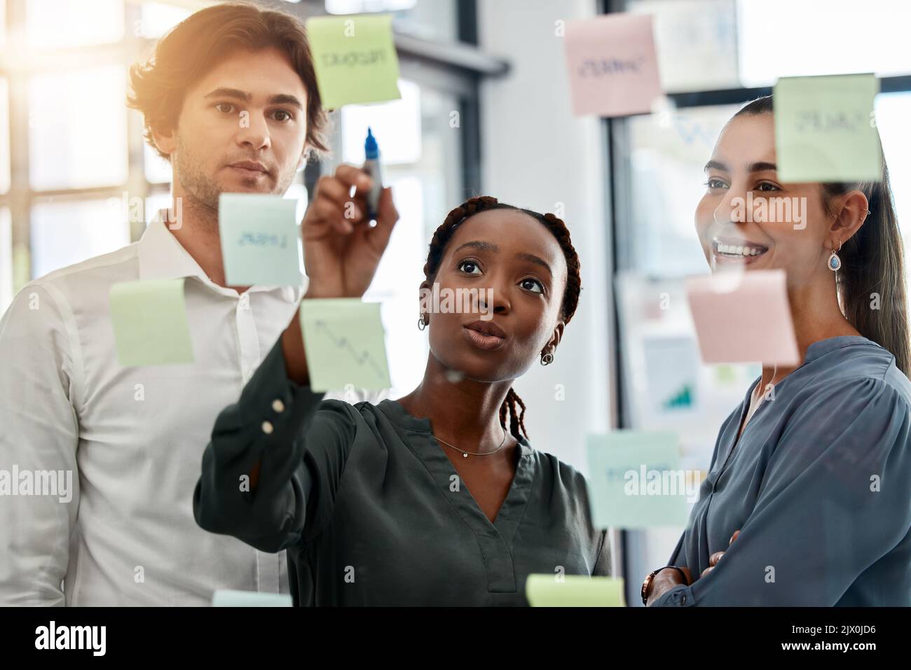 Working, post it planning and teamwork collaboration with notes of a ...