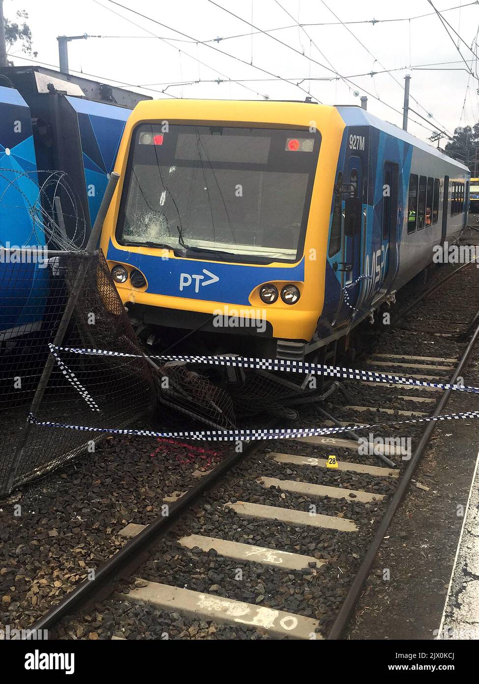 A damaged train at a rail depot in Hurstbridge, on the outskirts of ...