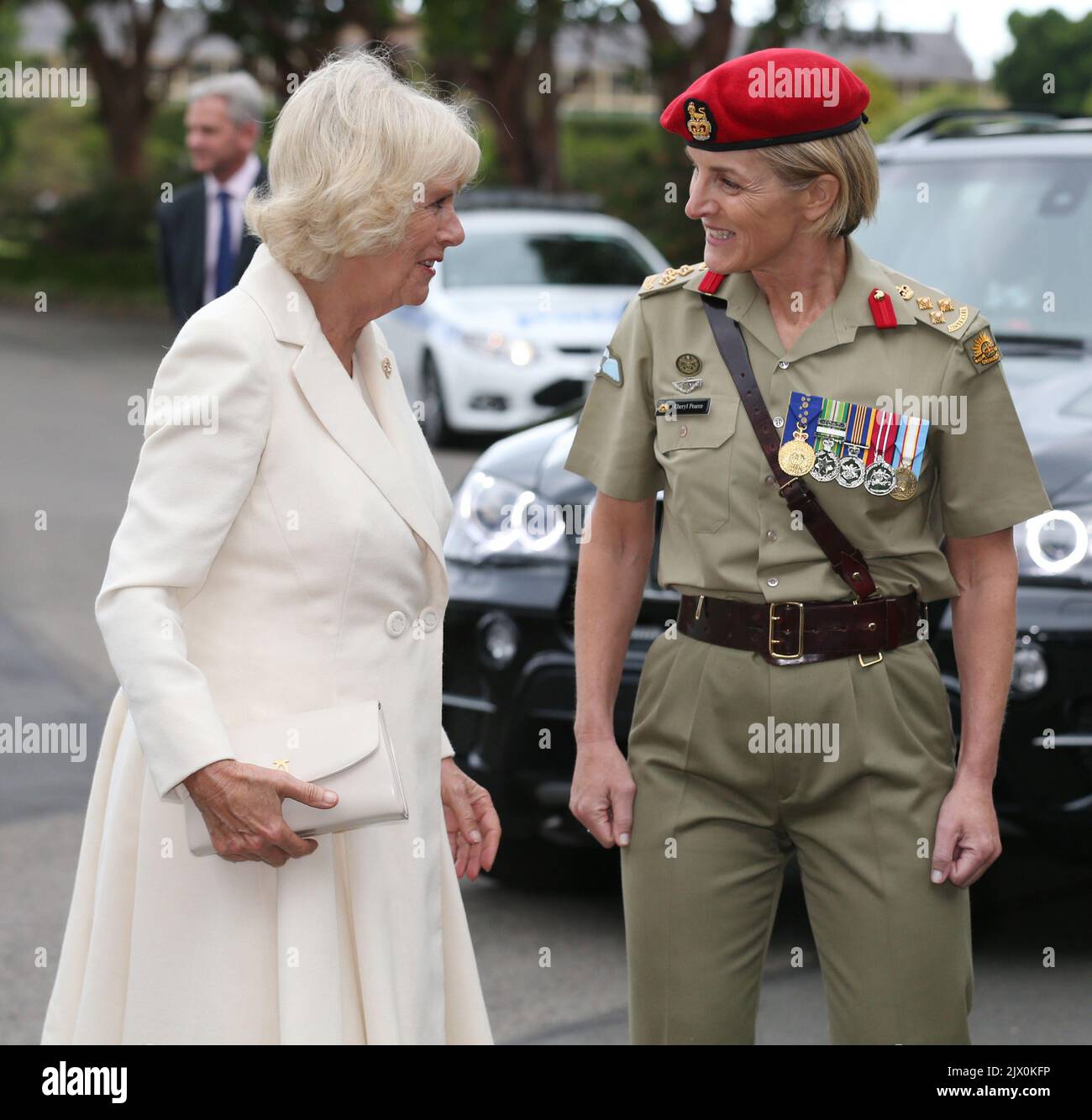 Britain's Camilla, Duchess of Cornwall, speaks with Brigadier Cheryl ...