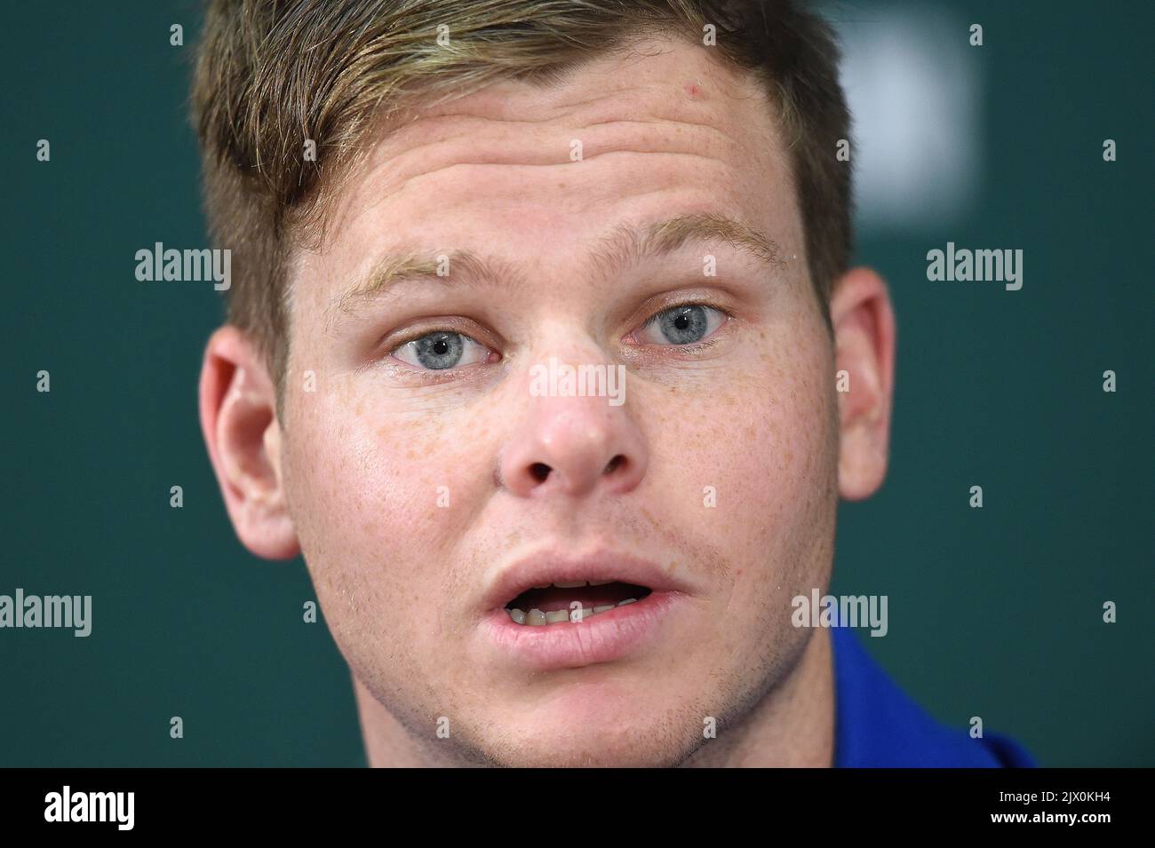 Captain Steve Smith looks on during a press conference following the ...