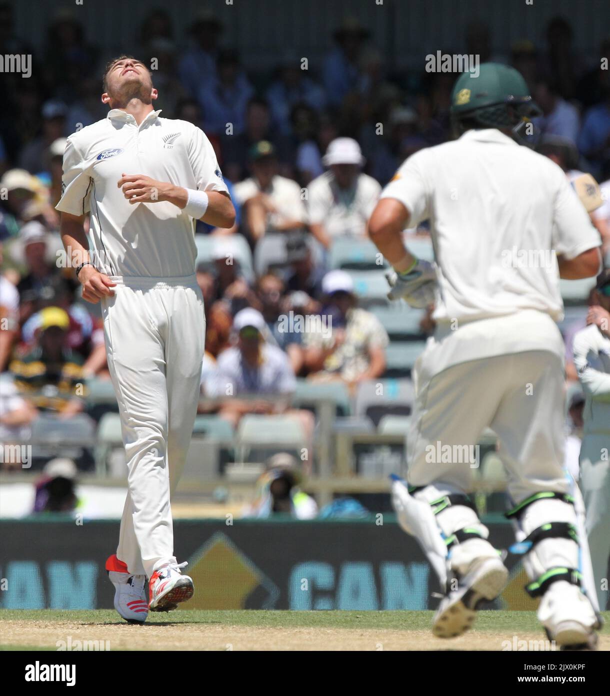 New Zealand bowler Tim Southee reacts after bowling to Joe Burns on day ...